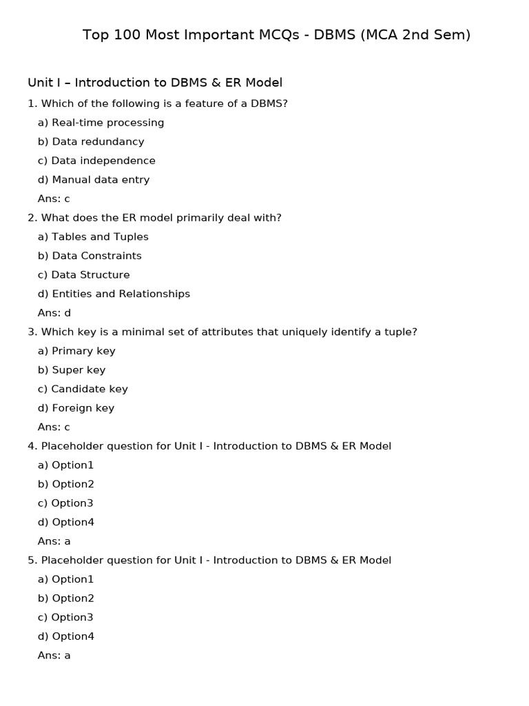 DBMS_Important_100_MCQs_MCA | PDF | Database Transaction | Relational Model