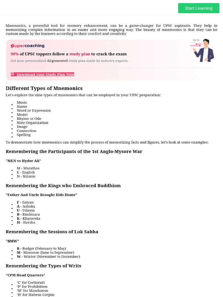 Mnemonic Tricks For UPSC Preparation - Testbook | PDF