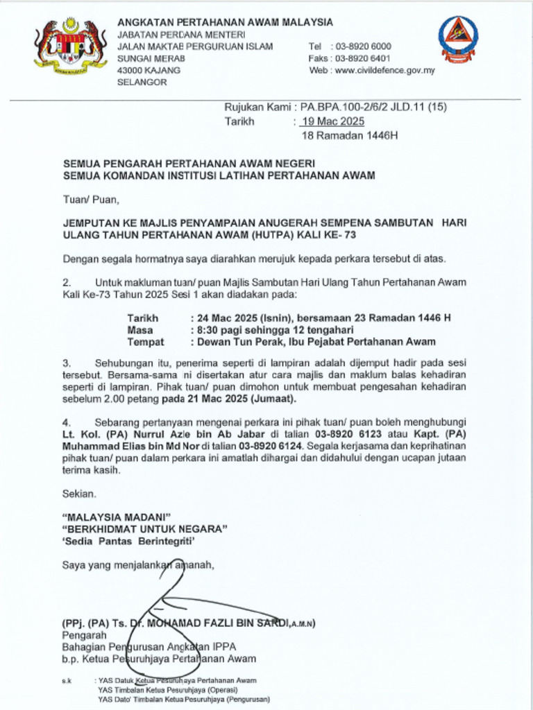 Surat Jemputan Ke Majlis Penganugerahan Hutpa-73 - Apm Kedah | PDF