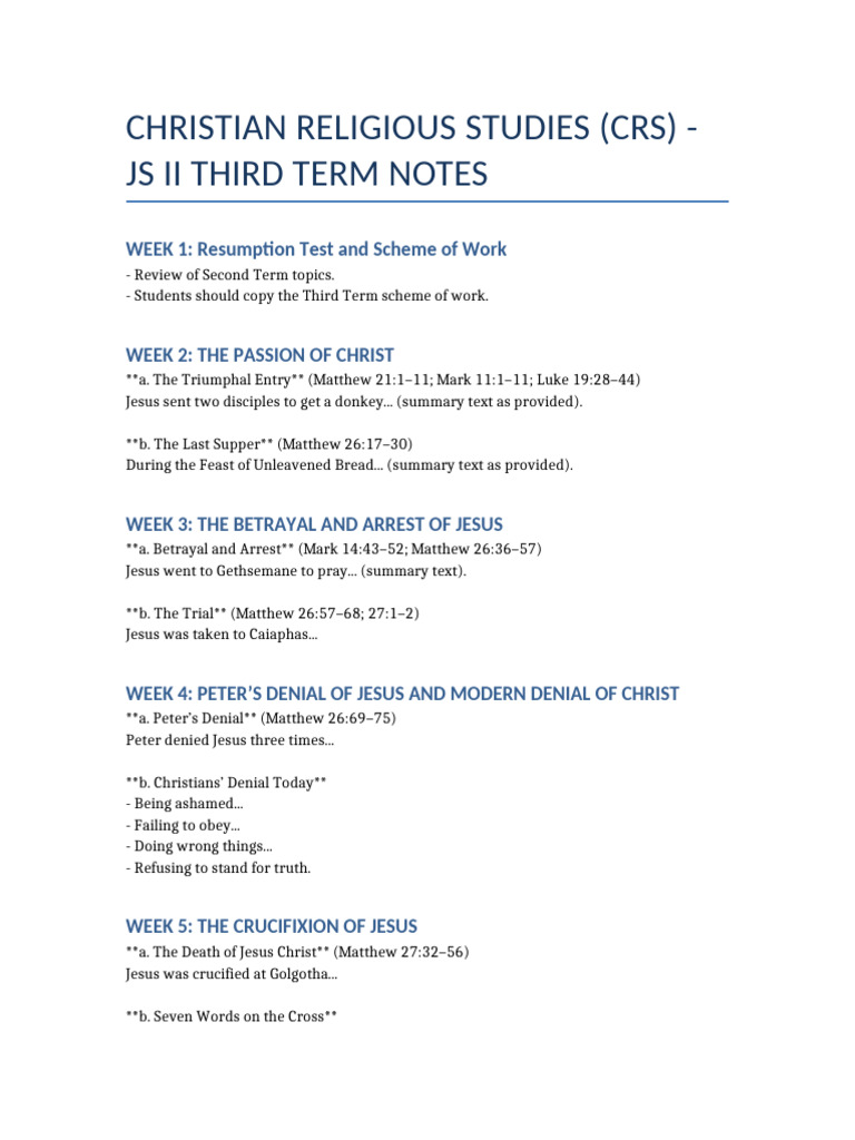 JSS2 CRS Third Term Lesson Notes | PDF