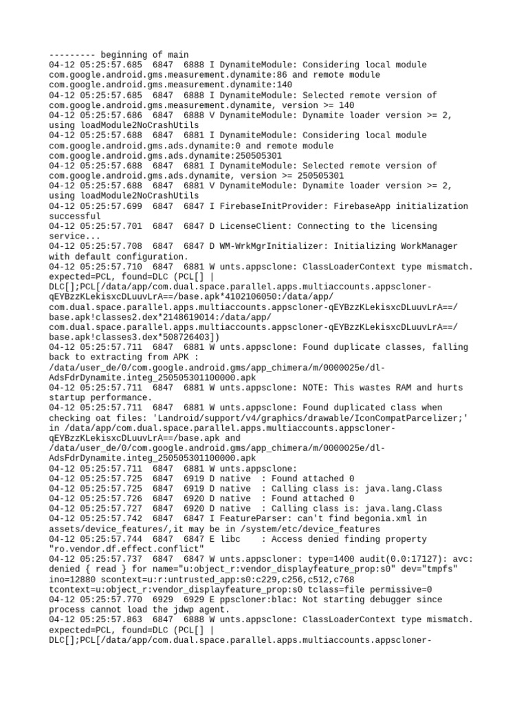 Com - Dual.space - Parallel.apps - Multiaccounts.appscloner Logcat | PDF | Android (Operating ...