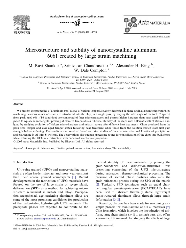 Microstructure and Stability of Nanocrystalline Aluminum 6061 Created by Large Strain Machining ...