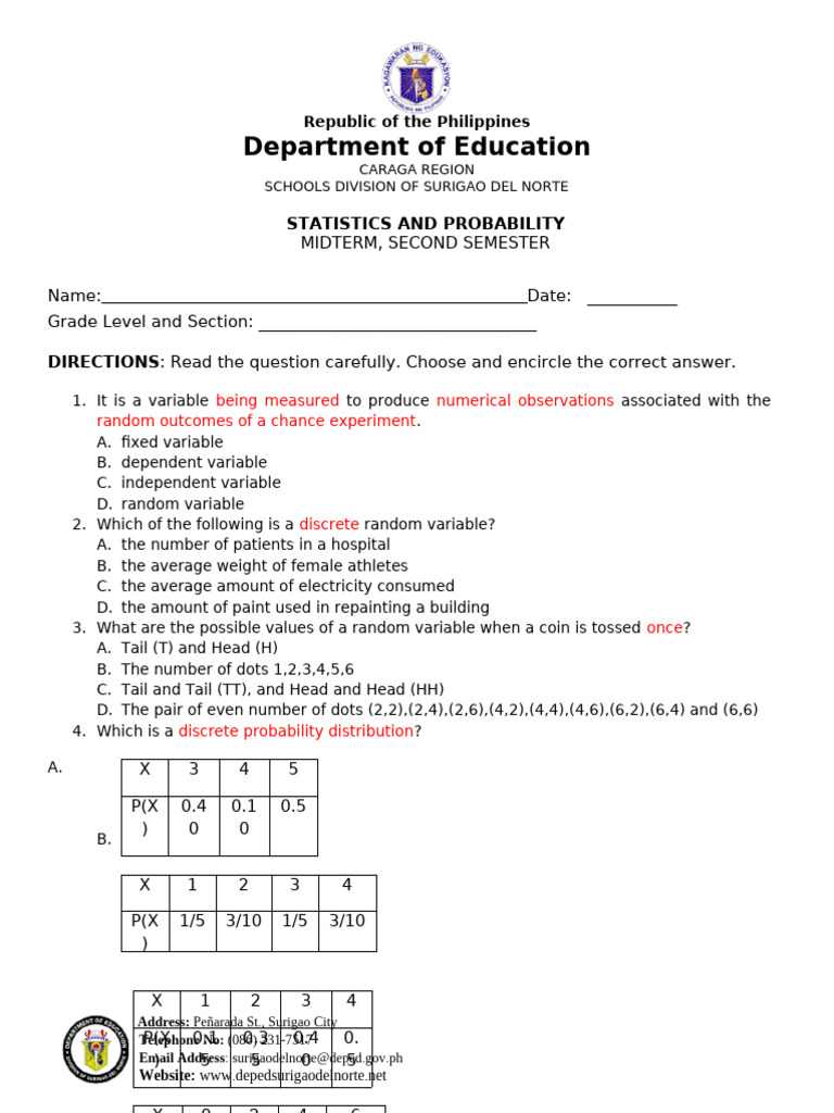 Statistics and Probability Midterm Exam | PDF | Probability Distribution | Mean