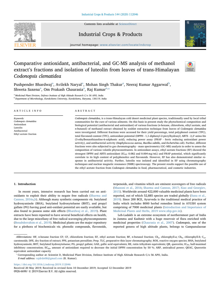 Comparative antioxidant, antibacterial, and GC-MS analysis of methanol extract’s fractions and ...