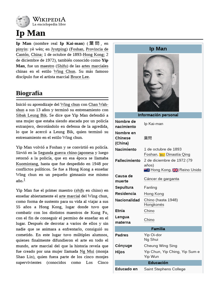 Biografía de Ip Man, maestro de Wing Chun | PDF | Artes marciales del ...