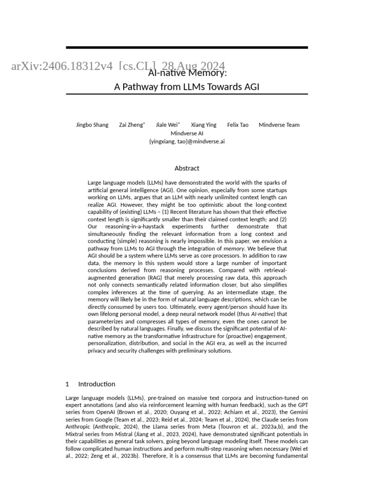 RP - AI-native Memory - A Pathway From LLMs Towards AGI.pdf | PDF | Memory | Artificial Intelligence