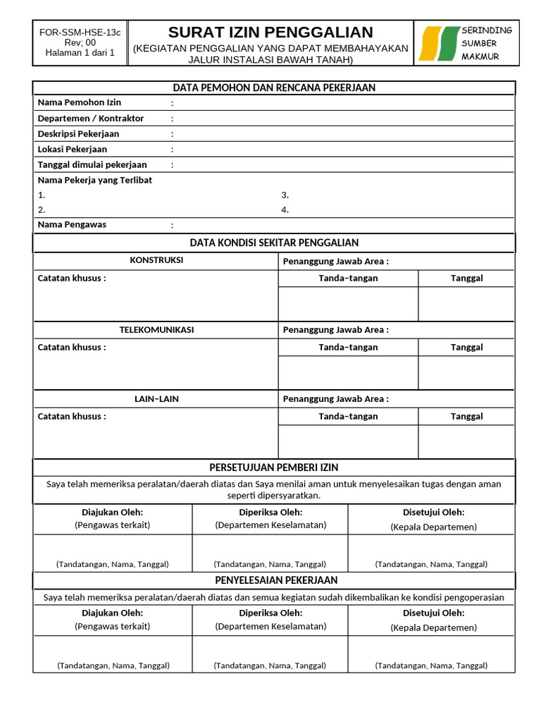 FOR-SSM-HSE-13c Surat Izin Bekerja Penggalian | PDF