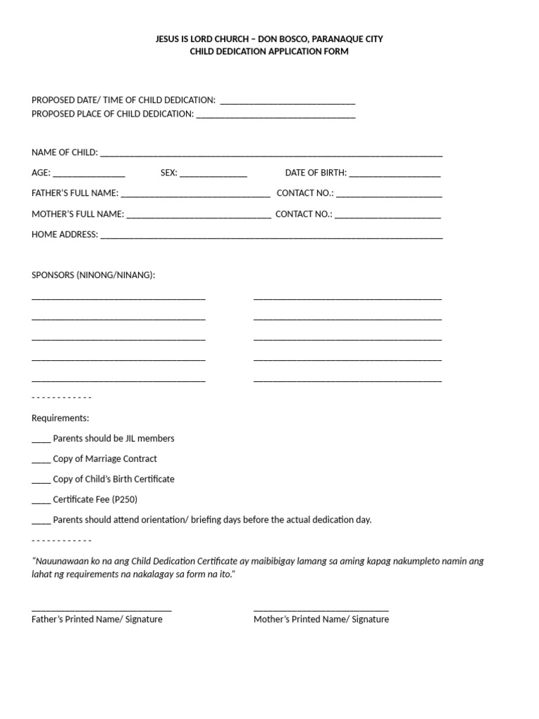 JILDB Child Dedication Application Form | PDF