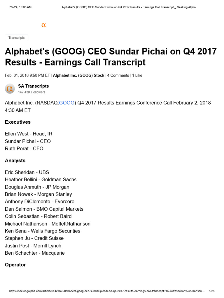 Alphabet's (GOOG) CEO Sundar Pichai On Q4 2017 Results - Earnings Call ...