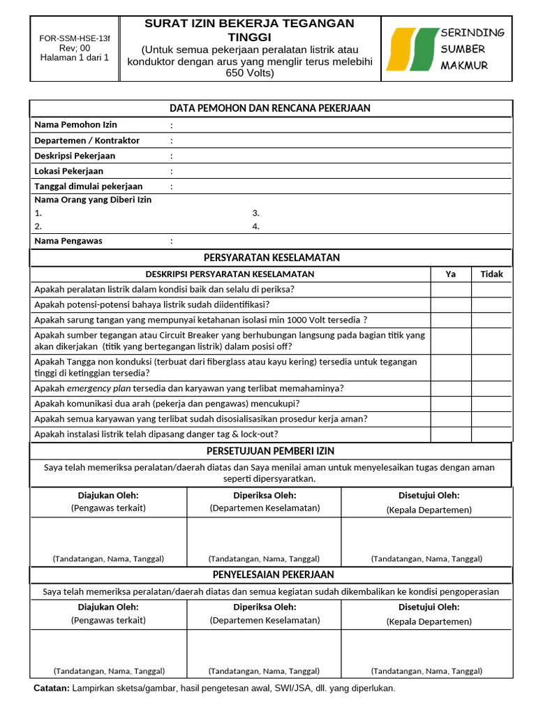 FOR-SSM-HSE-13f Surat Izin Bekerja Tegangan Tinggi | PDF