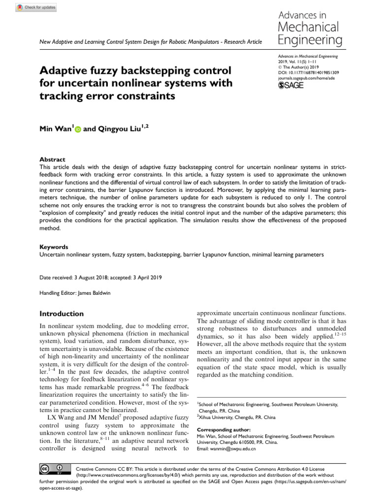 U 219 Adaptive Fuzzy Backstepping Control For Uncertain Nonlinear Systems With Tracking Error ...
