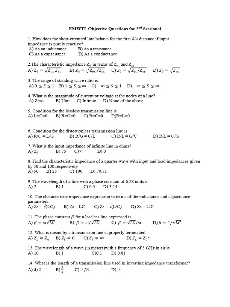 EMWTL Objective Questions For 2nd Sessional | PDF | Transmission Line | Electrical Impedance