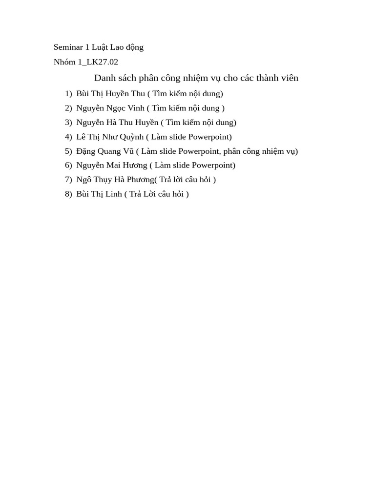 Danh Sách Phân Công Nhiệm Vụ LLD | PDF