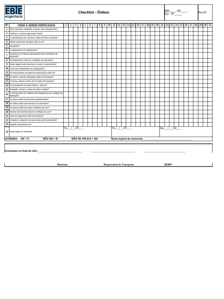 Checklist - Ônibus REV. 00 | PDF | Transporte | Veículos