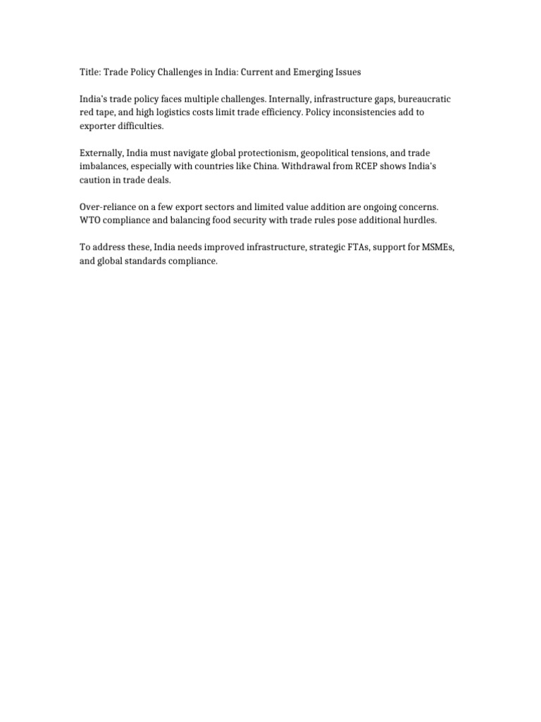 Trade Policy Challenges in India | PDF