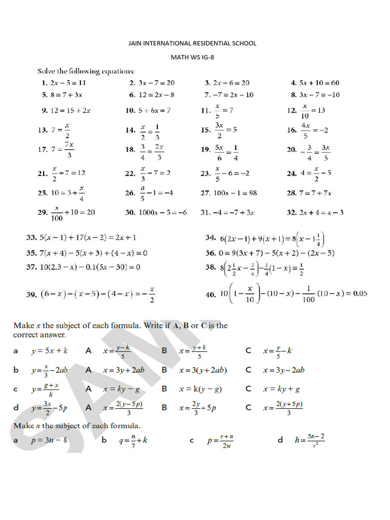 Jain International Residential School Math Ws Ig-8 | PDF