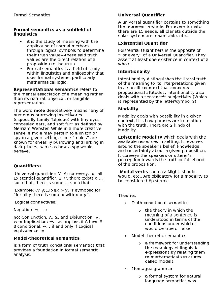 Formal Semantics & Cognitive Semantics Reviewer | PDF | Semantics | Interpretation (Logic)