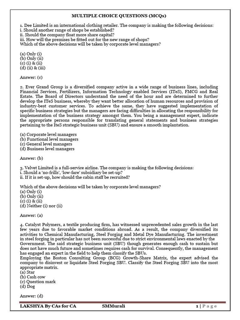 SM -mcq’s | PDF | Strategic Management | Mergers And Acquisitions