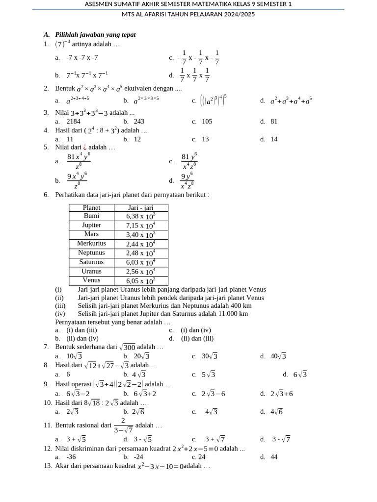 Soal ASAS MTK Kls 9 THN 2024 | PDF