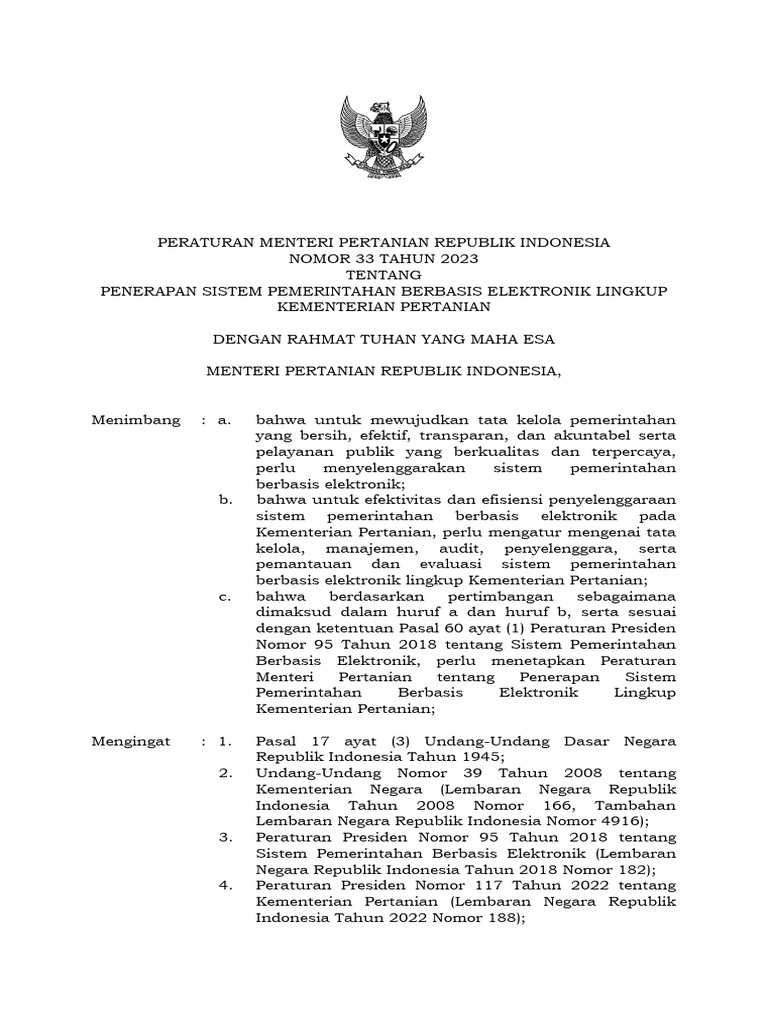 Permentan Nomor 33 Tahun 2023 SPBE1 | PDF