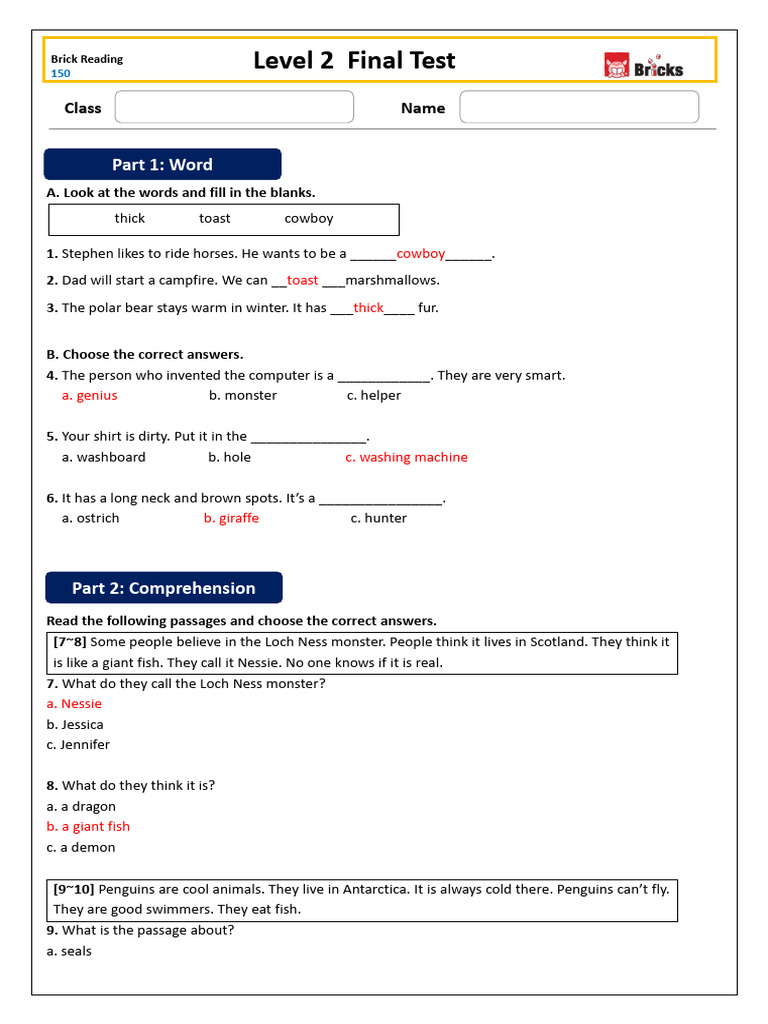 Bricks Reading 150 - L2 - Final Test - Answer Key | PDF | Loch Ness Monster