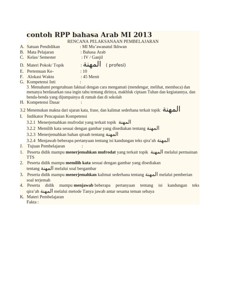 Contoh RPP Bahasa Arab MI 2013 | PDF