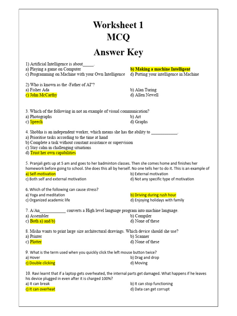 AI Worksheet with Answer Key | PDF | Machine Learning | Artificial ...