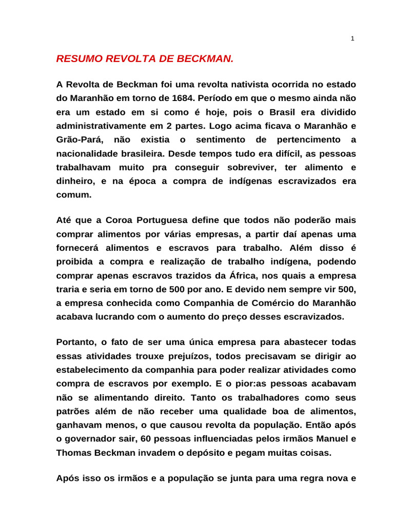 Resumo Revolta de Beckman | PDF