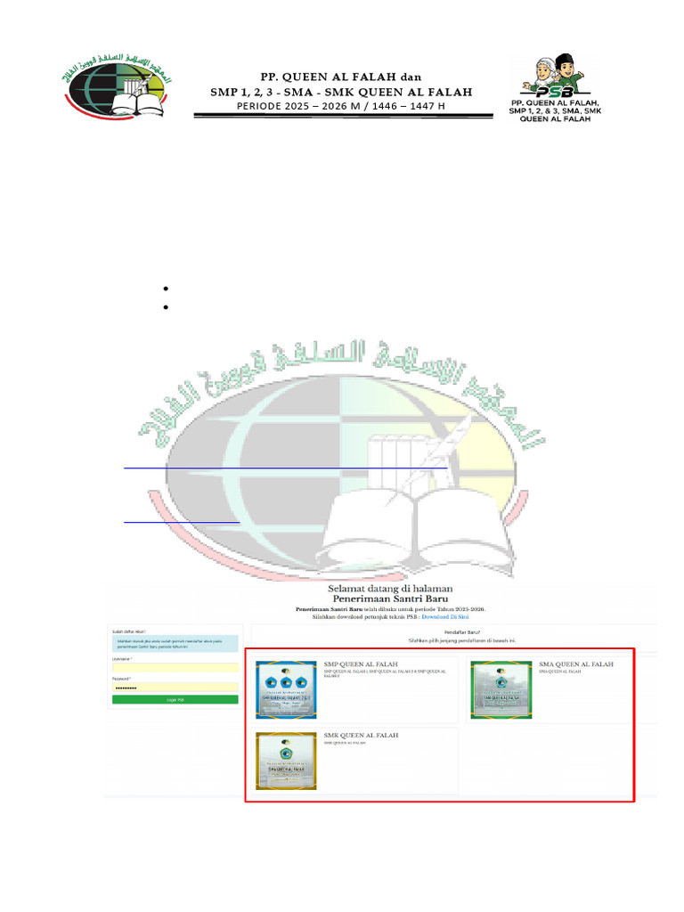 Tutorial Pendaftaran Santri Baru PP Queen Alfalah 2025-261 | PDF