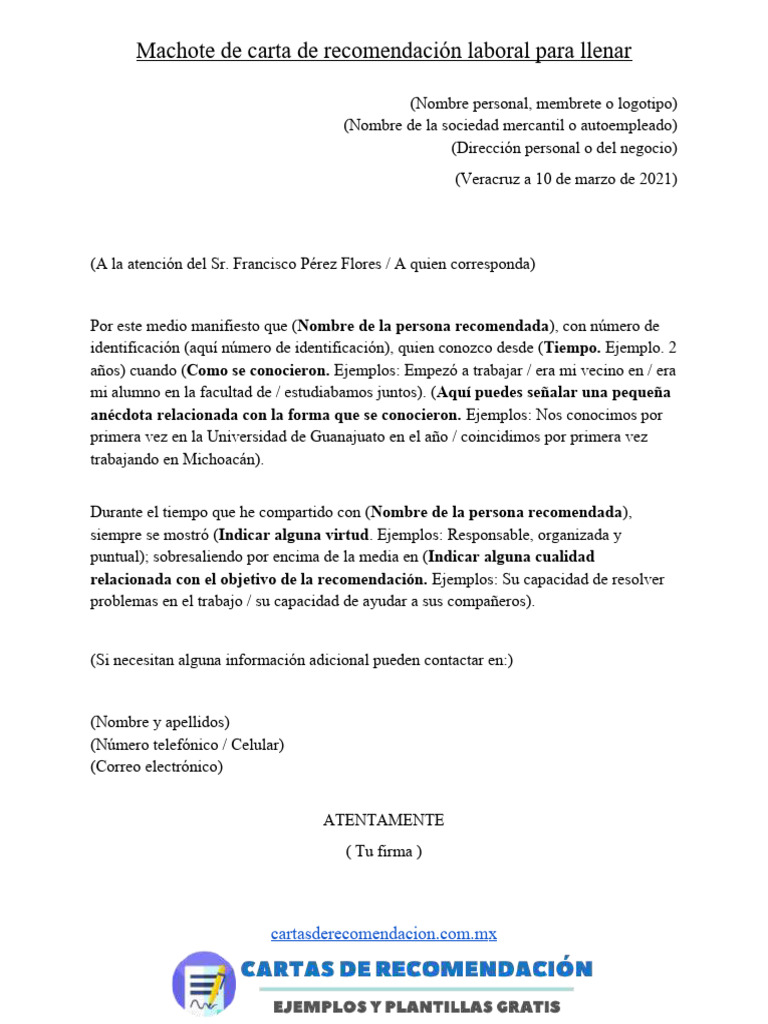 Machote De Carta De Recomendacion Laboral Para Llenar Pdf