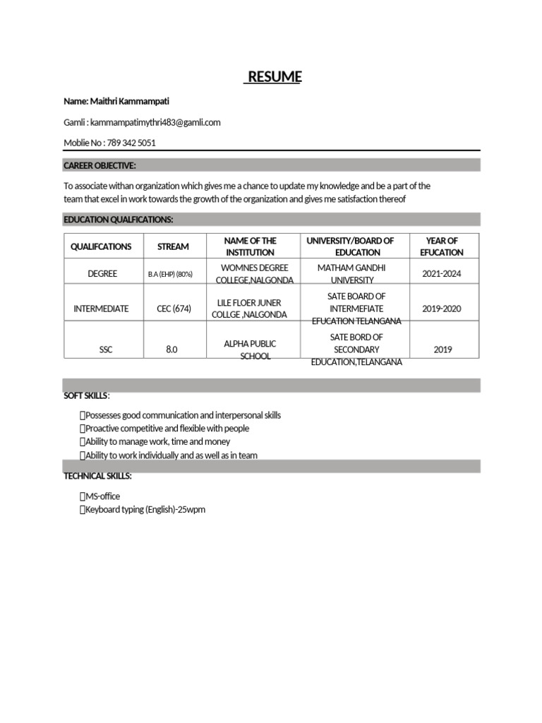KHAMMAMPATI MAITHRI RESUME (Mythri) | PDF | Learning | Cognition