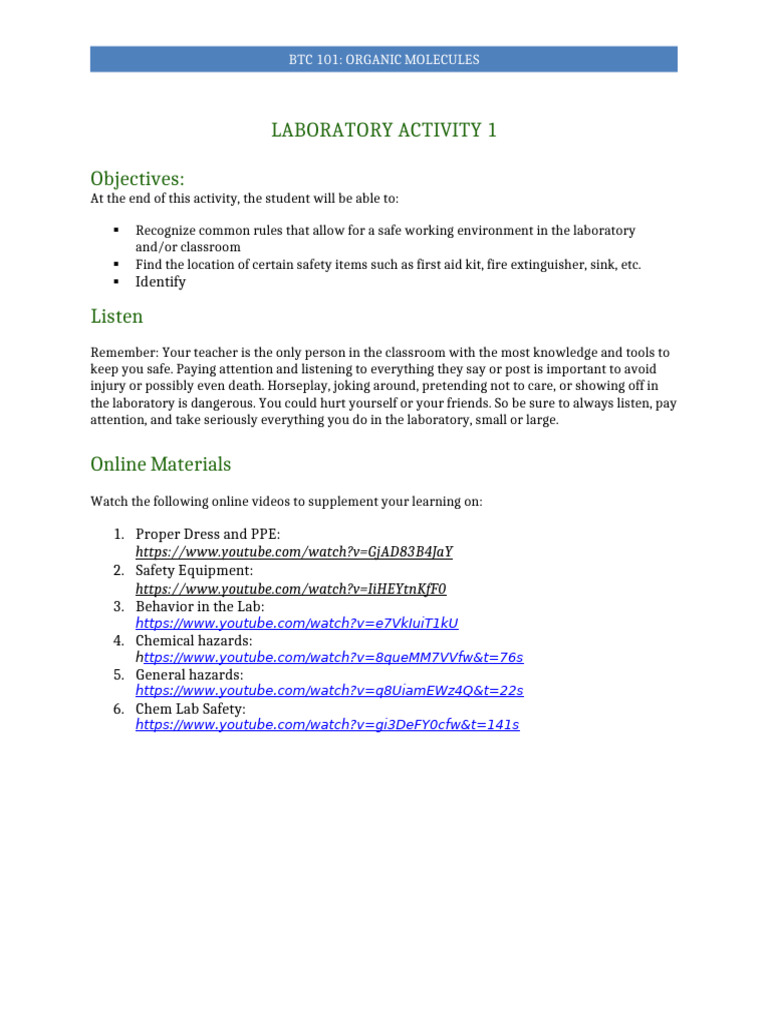 Lab Activity 1 - Laboratory Safety | PDF | Laboratories | Personal ...