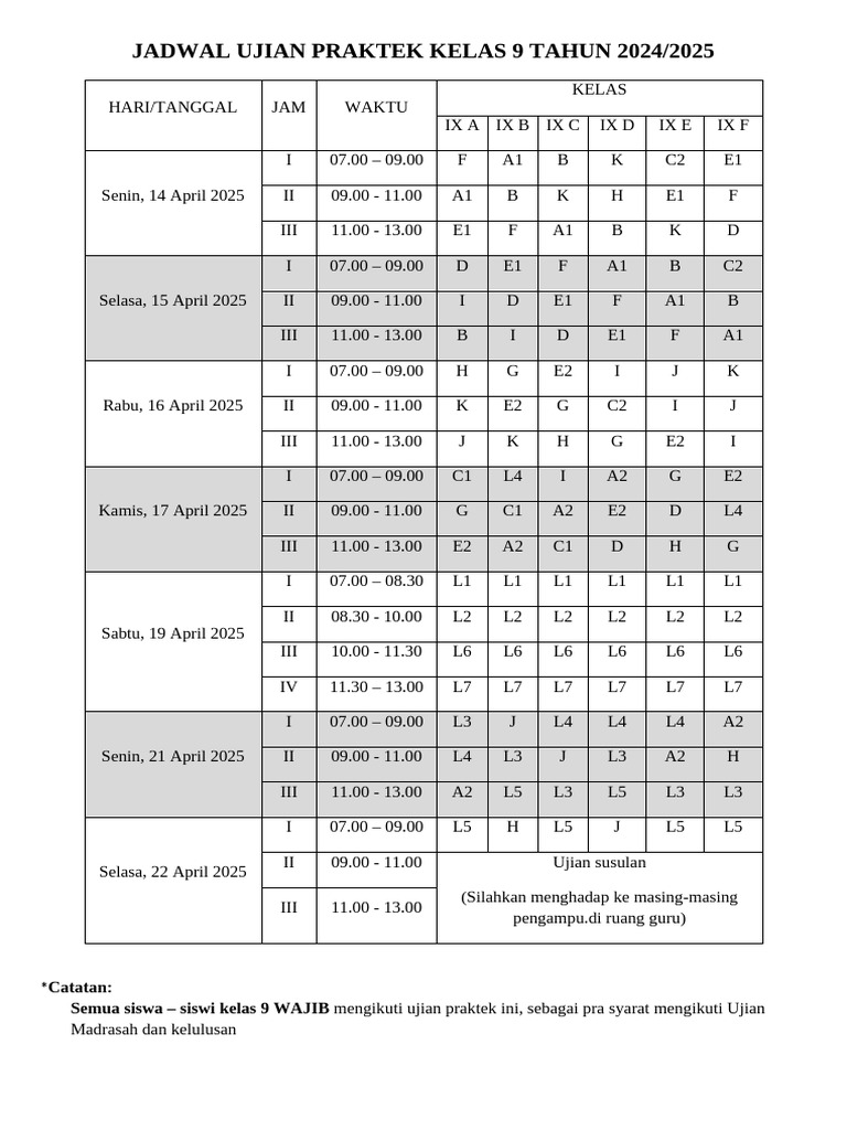 Jadwal Ujian Praktek Kelas 9 Tahun 2024 | PDF
