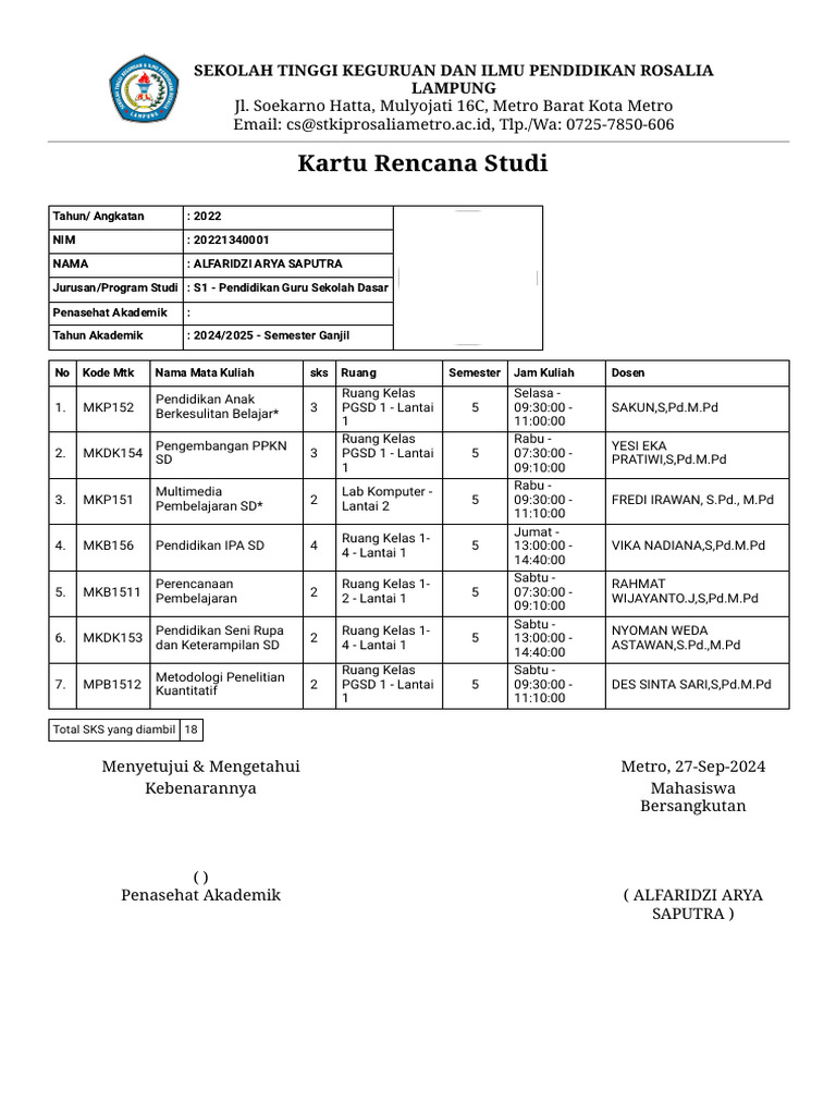 Kartu Rencana Studi Alfaridzi Arya Saputra | PDF