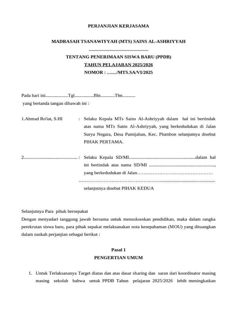 MOU PPDB MTS | PDF