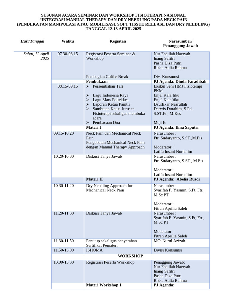 Susunan Acara Seminar Dan Workshop Fisioterapi 2025 | PDF
