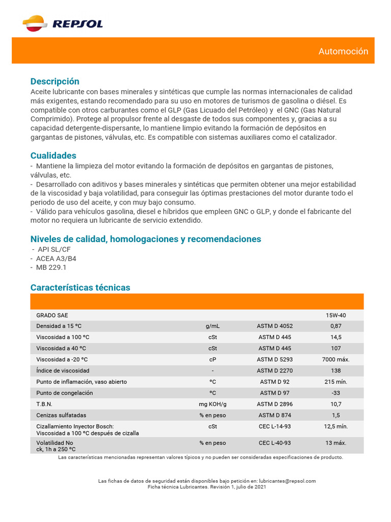 MSDS - Leader Inyección 15W-40 | PDF | Lubricante | Inyección de ...