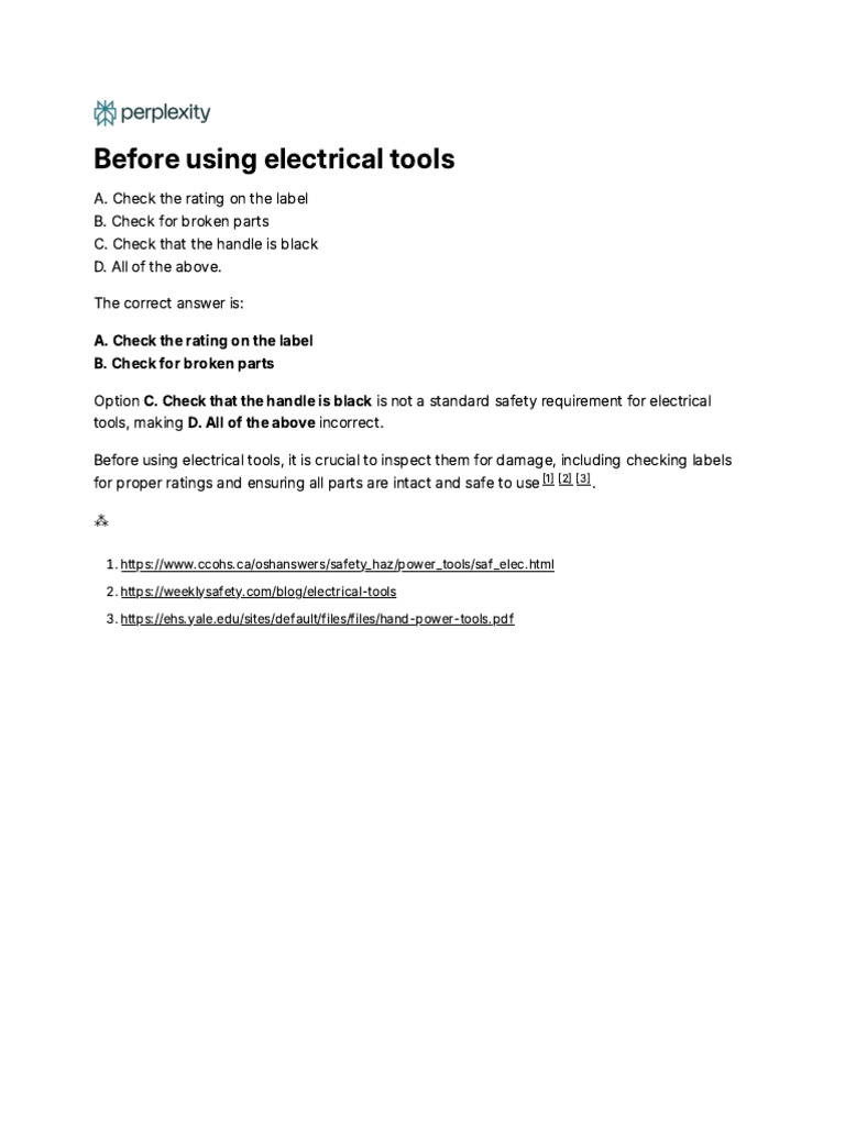 Electrical Tool Safety Checklist | PDF