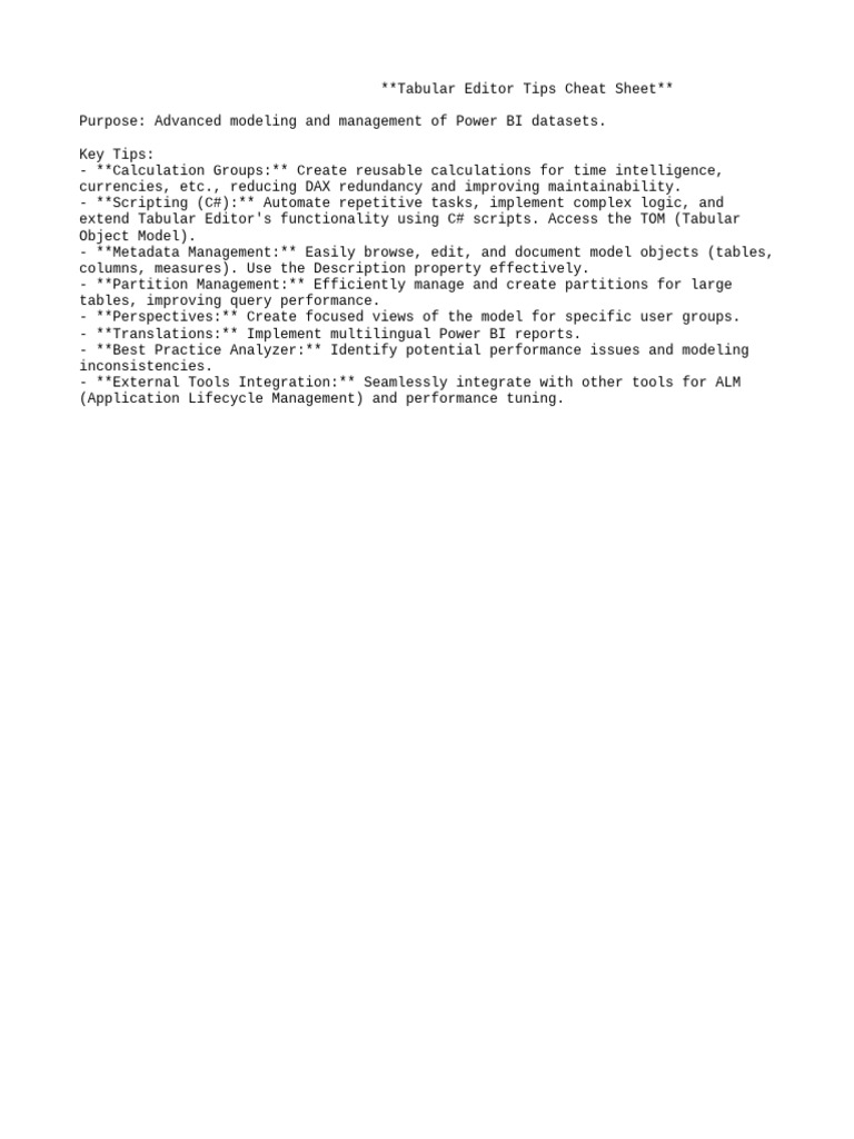 Tabular Editor Tips Cheat Sheet | PDF