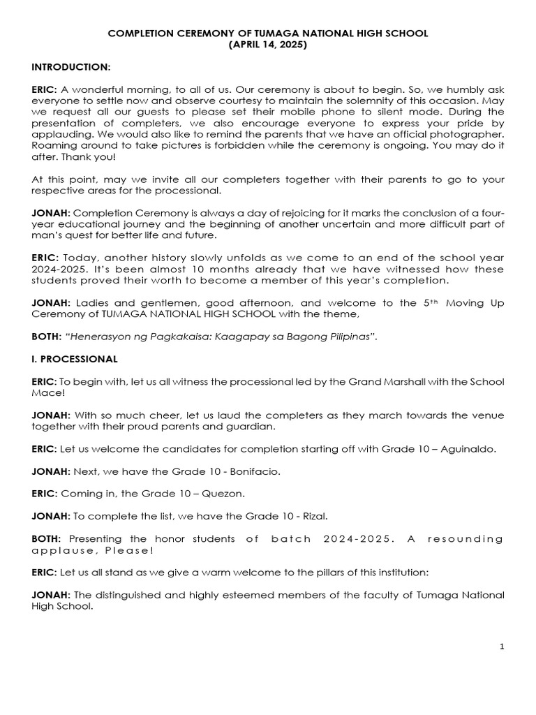 Revised Moving Up Ceremony Script 2025 | PDF