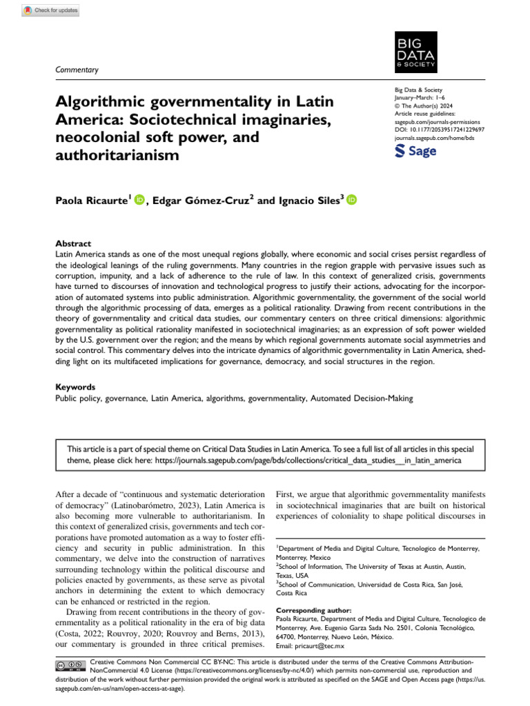 Ricaurte Et Al 2024 Algorithmic Governmentality in Latin America Sociotechnical Imaginaries ...