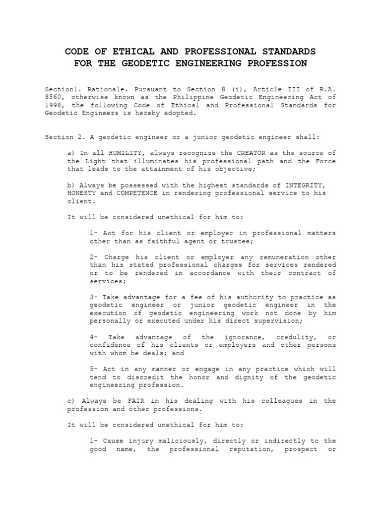 Code of Ethics for Geodetic Engineers | PDF | Employment | Engineer