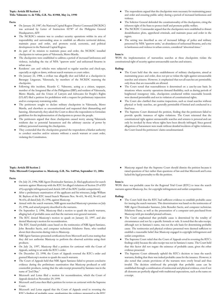 CONSTI II - Article III Section 2 Cases | PDF | Search And Seizure | Probable Cause