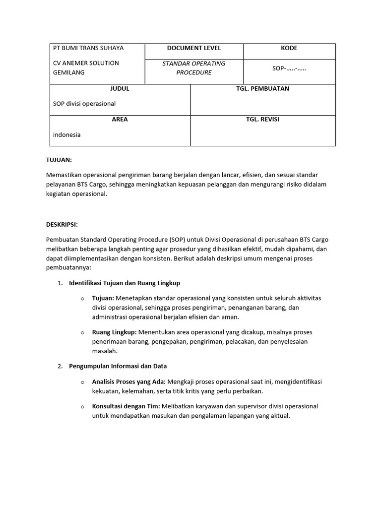 SOP Divisi Operasional Fix | PDF