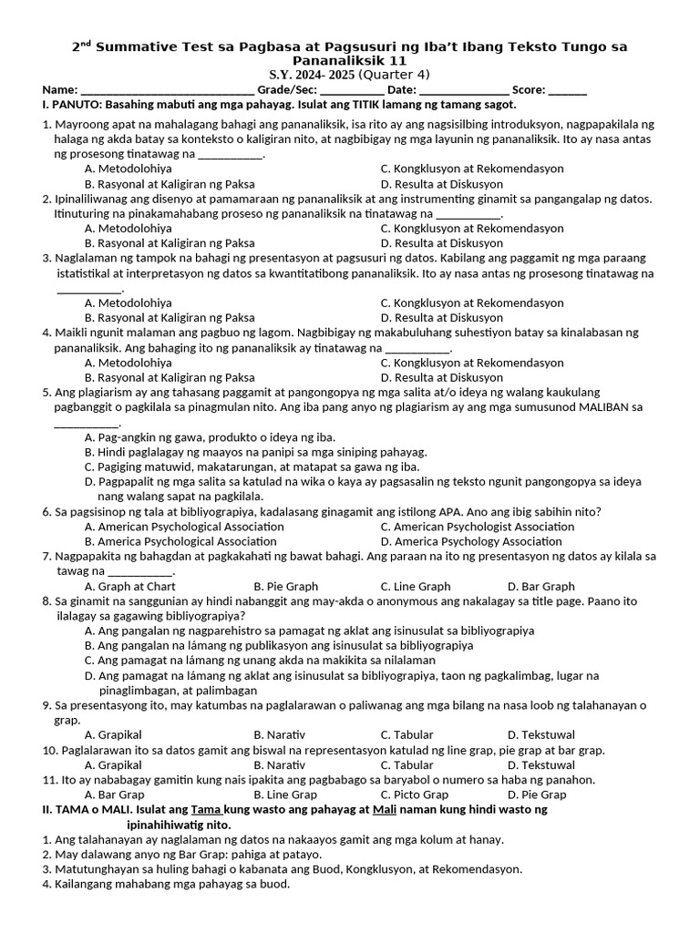 Summative #2 - Pagbasa (4th Quarter) | PDF