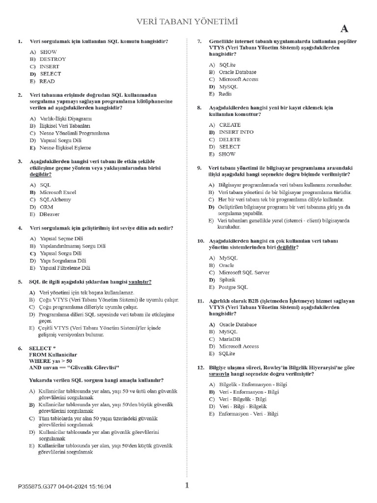 Vize_Veri Tabanı Yön._2024 Bahar | PDF