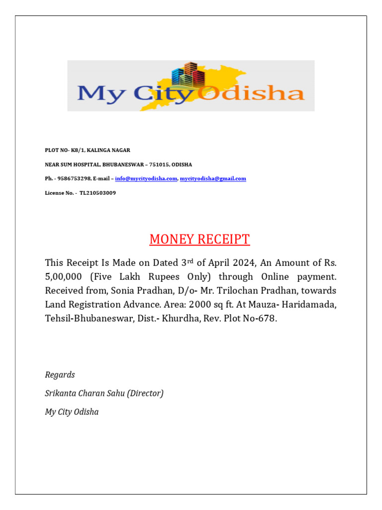 Money Receipt: Regards Srikanta Charan Sahu (Director) My City Odisha | PDF