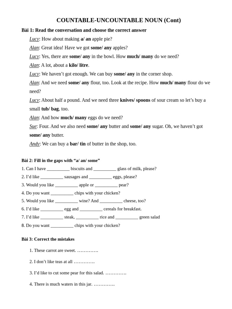 COUNTABLE - UNCOUNTABLE EXERCISE (Cont) | PDF | Food And Drink | Food ...