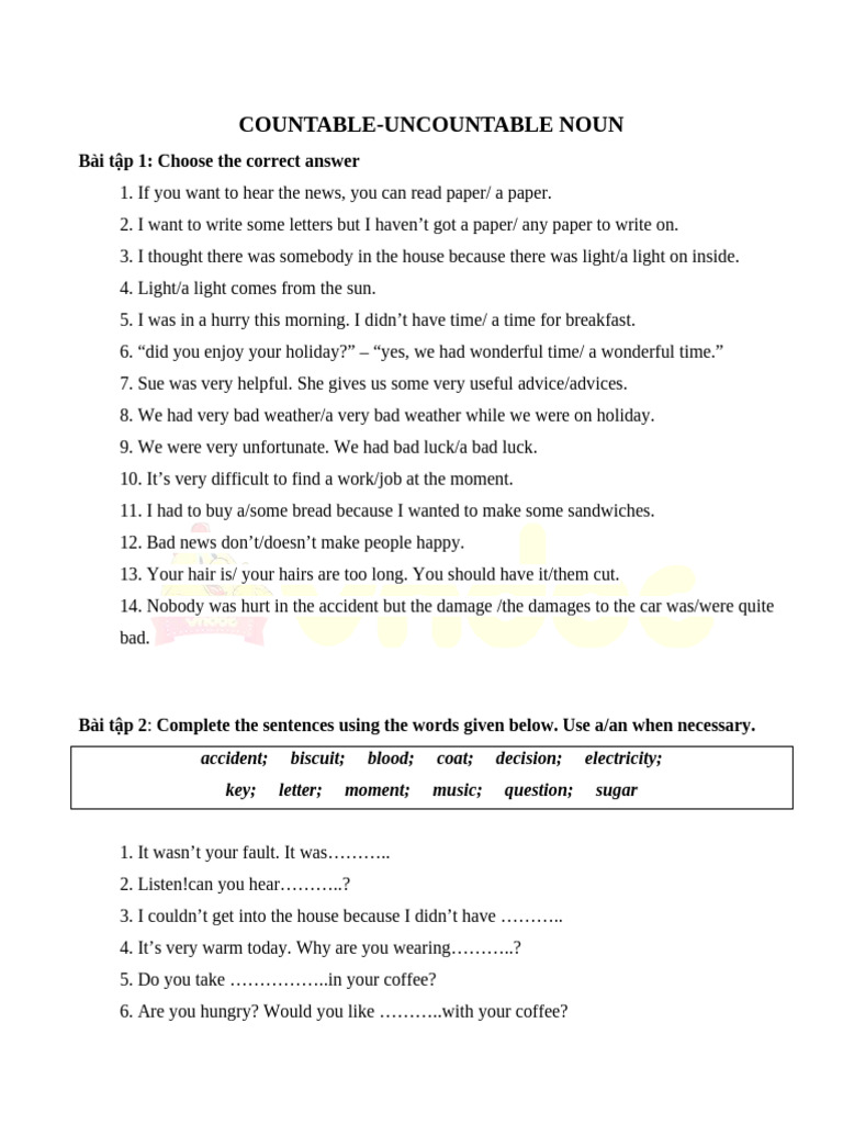 Countable - Uncountable Exercise | PDF