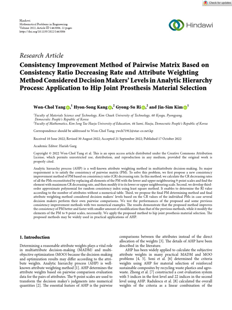 Mathematical Problems in Engineering - 2022 - Yang - Consistency Improvement Method of Pairwise ...